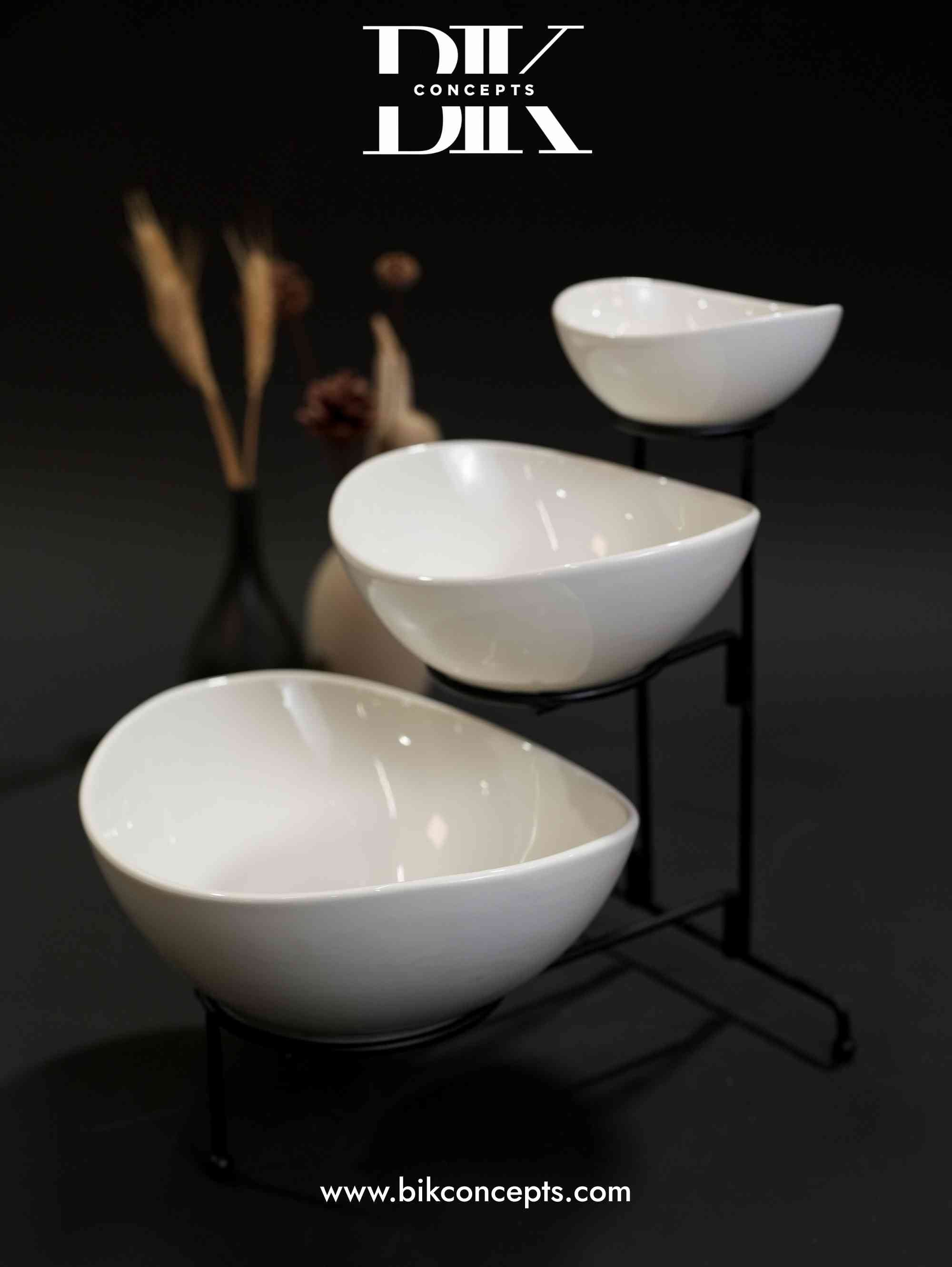 3-Tier Black Wire Server – Luxury Porcelain & Matte Black Stand