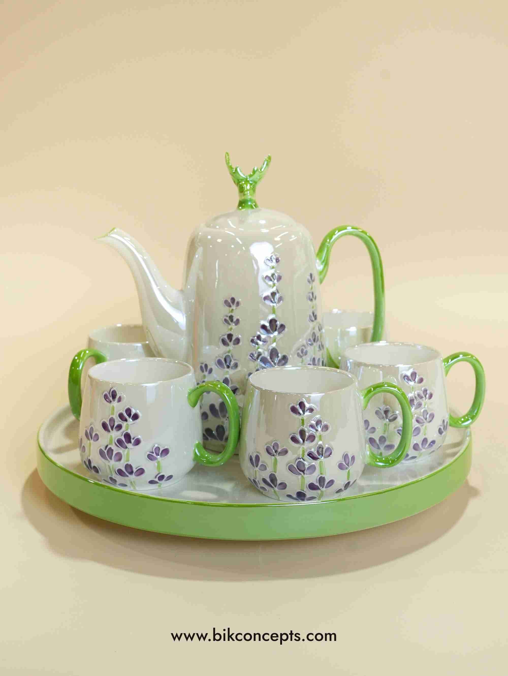 Lavender Green Floral Porcelain Tea Set - 8 Piece 1.5L Kettle & Tray